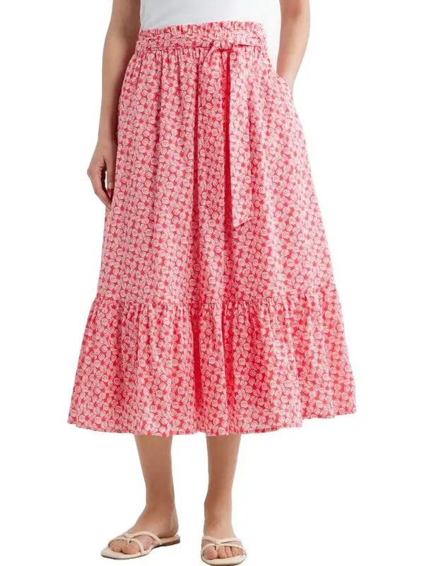 Caslon Floral Print Tie Waist Tiered Midi Skirt - Red Geranium- White Sea Geo