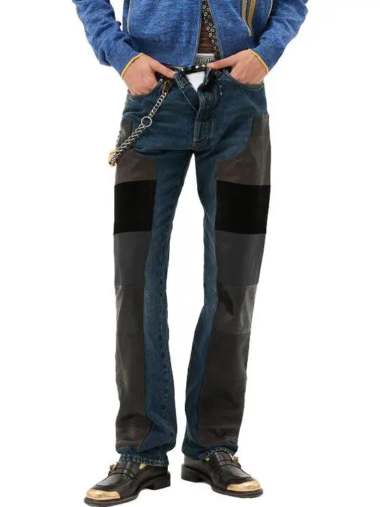 Versace Leather Patchwork Straight Leg Jeans - Dirty Blue Black