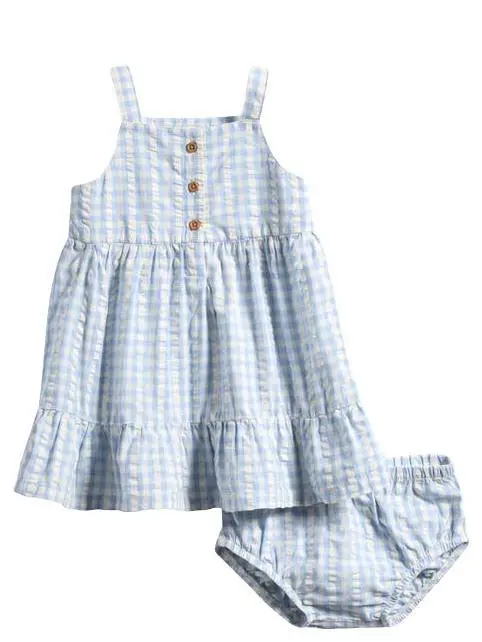 LITTLE PLANET Gingham Seersucker Sundress & Bloomer Set - Blue Gingham