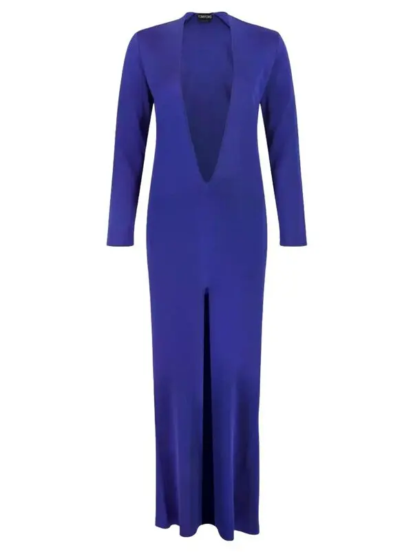 TOM FORD Plunging V-neck Front Slit Maxi Dress - Blue