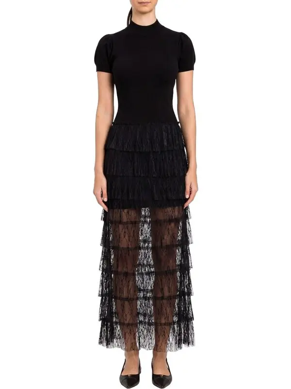 TWINSET Lace Tiered Midi Dress - Black