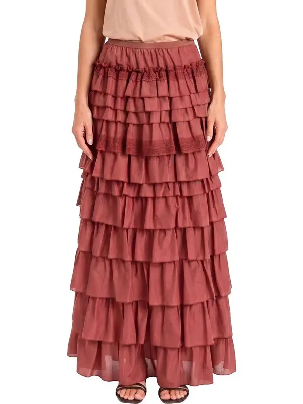 TWINSET Tiered Ruffle Maxi Skirt - Mahogany