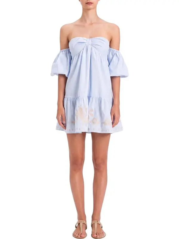 TWINSET Off-the-shoulder Embroidered Mini Dress - Sky Blue