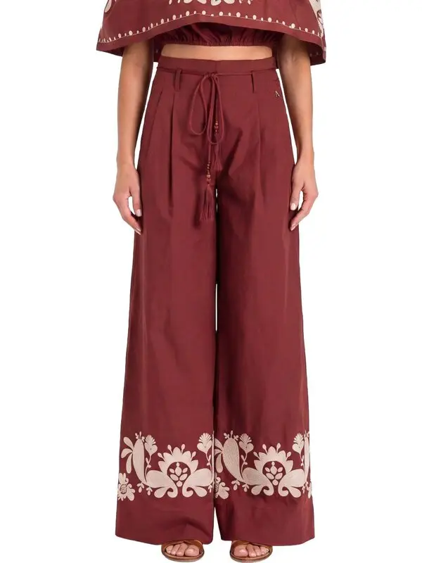 TWINSET Embroidered Wide-legged Trousers - Red