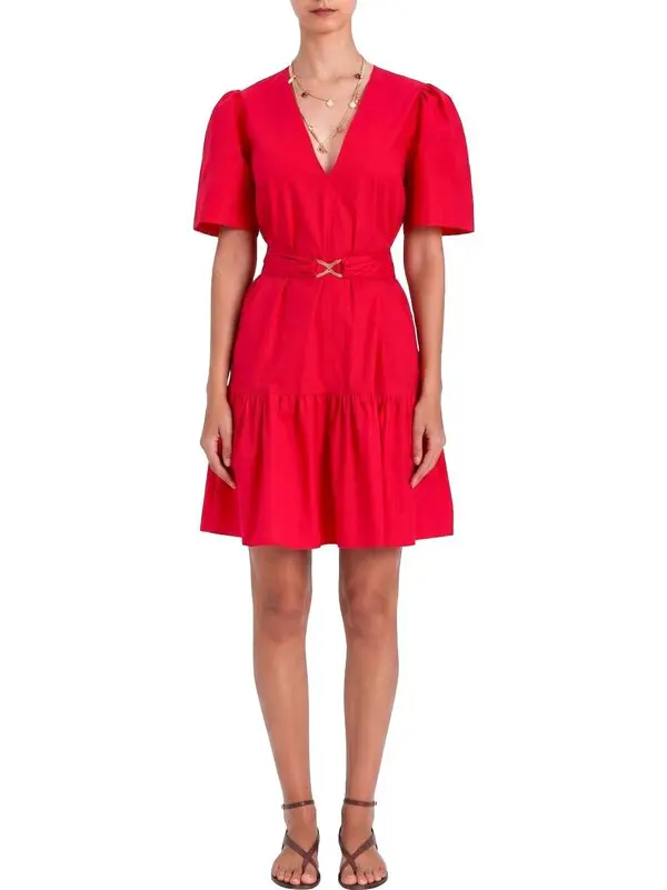 TWINSET Puff Sleeve Belted Dress - Red