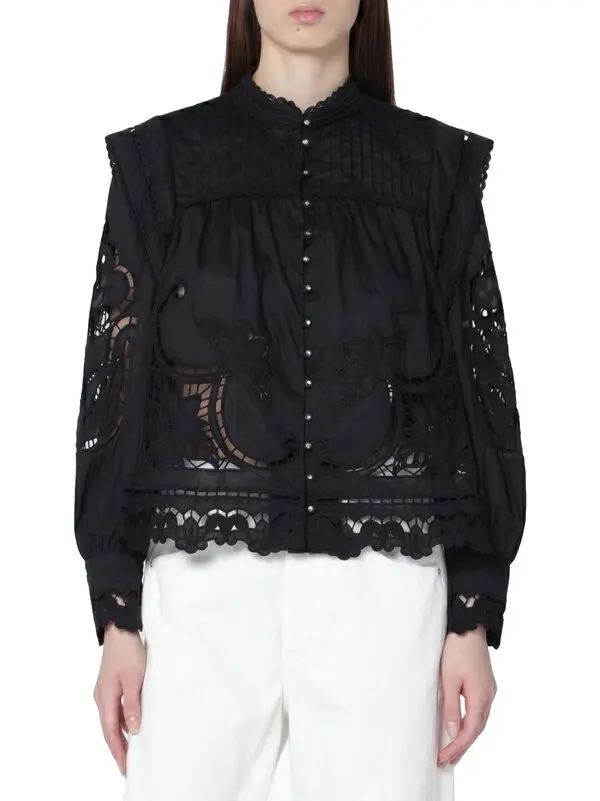 Farm Rio Cotton Richelieu Shirt With Macramé Inserts - Black
