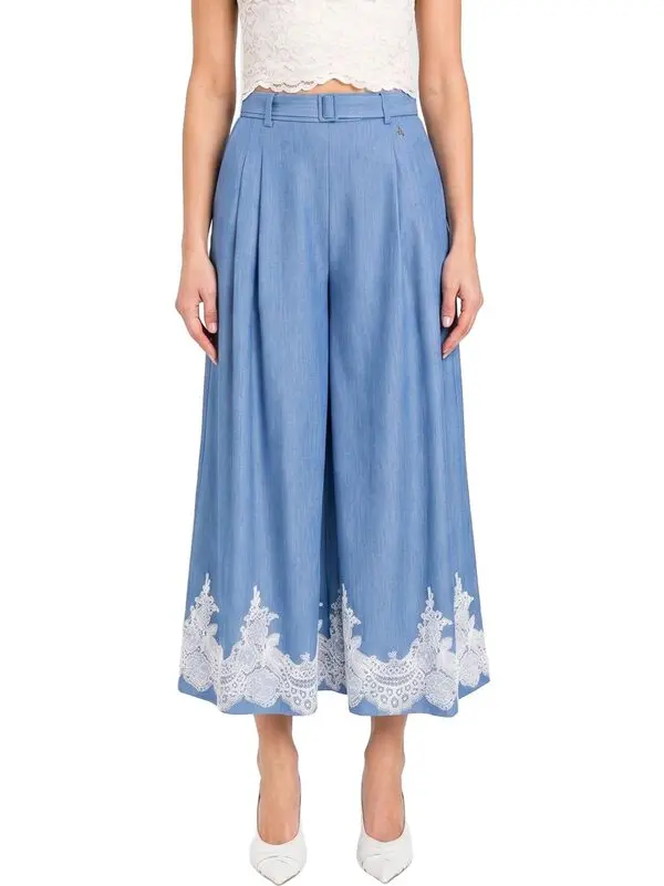 TWINSET Cropped Cotton Trousers With Embroidered Lace Inserts - Blue