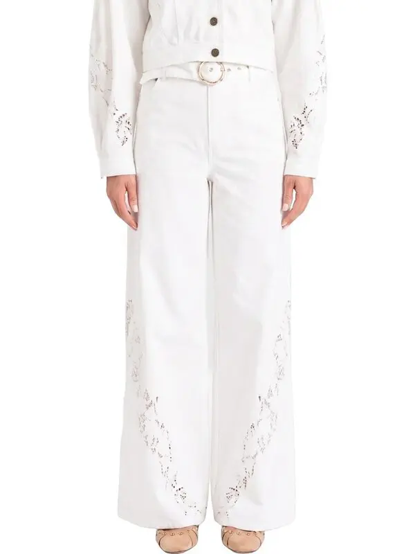 TWINSET Wide Leg Embroidered Trousers - White