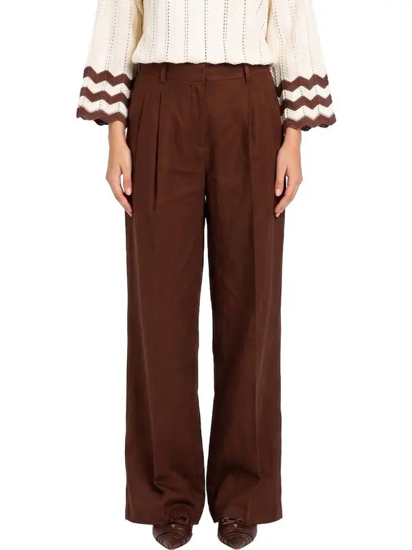 TWINSET Linen Blend Wide Leg Trousers - Brown