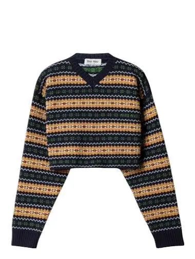 Miu Miu V-neck Fair Isle Knit Cropped Sweater - Blue
