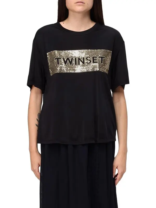 TWINSET U & B Viscose T-shirt With Sequins And Logo - Black