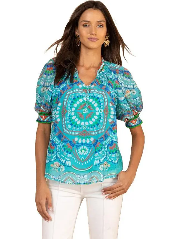 Hale Bob Brisa Voile Top With Mosaic Print - Blue