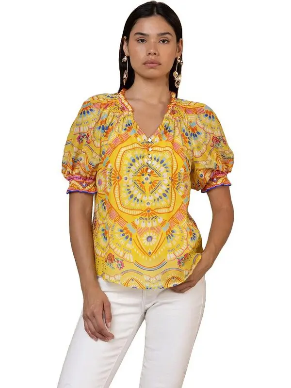 Hale Bob Brisa Voile Top With Mosaic Print - Yellow