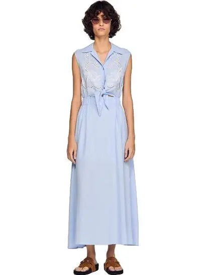 Sandro Linen Maxi Dress With Contrasting Embroidery - Blue