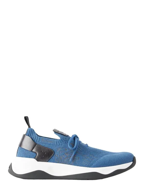 Berluti Shadow Leather-trimmed Stretch-knit Sneakers - Blue