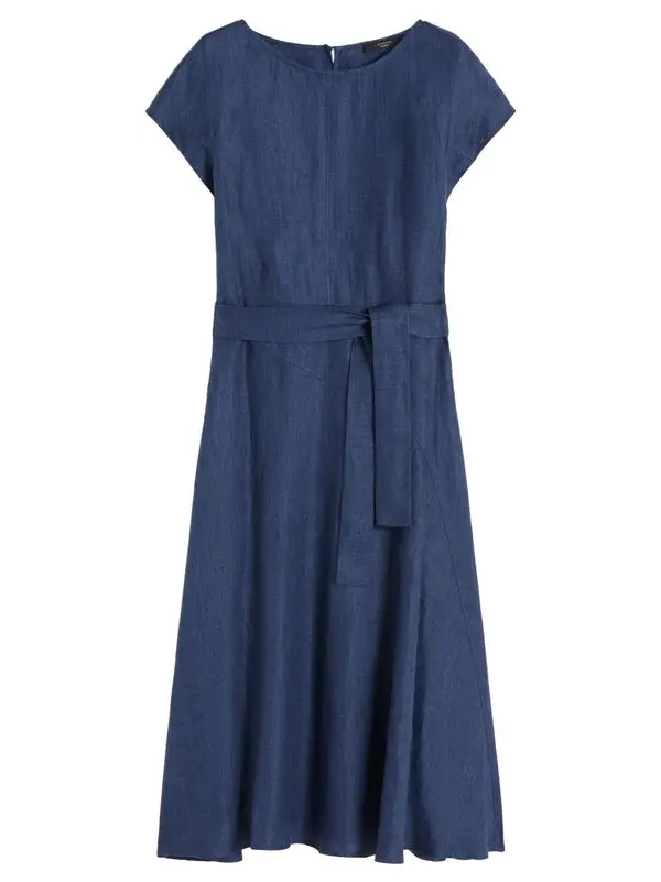 Max Mara Linen Canvas Midi Dress With Belted Flared Silhouette - Navy