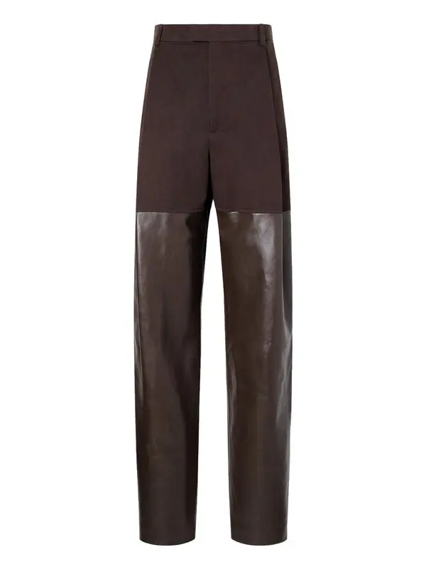 Bottega Veneta Leather-trimmed Cotton Straight-leg Pants - Brown