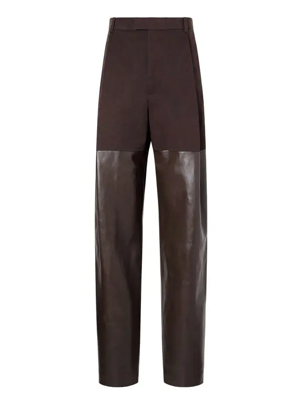 Bottega Veneta Leather-trimmed Cotton Straight-leg Pants - Dark Brown