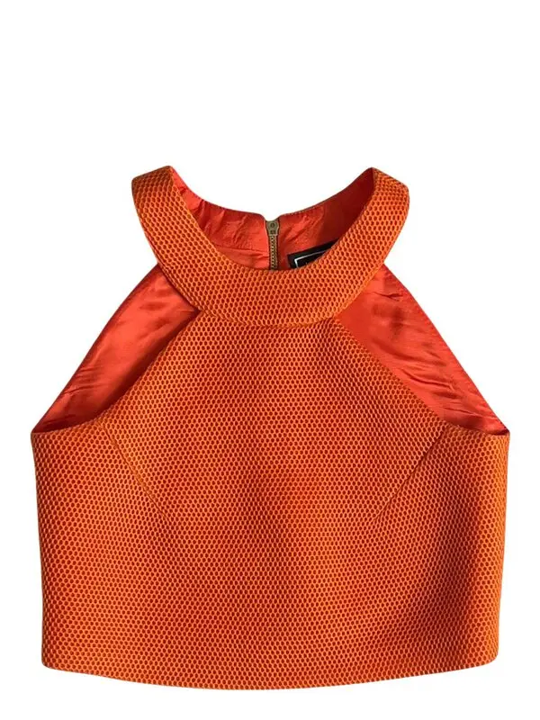 L2R THE LABEL Halter Neck Sculptural Neoprene Top With Silk Pom Pom Detail - Orange