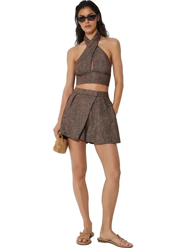 REISS Serena Linen Wrap-front Shorts - Taupe Brown