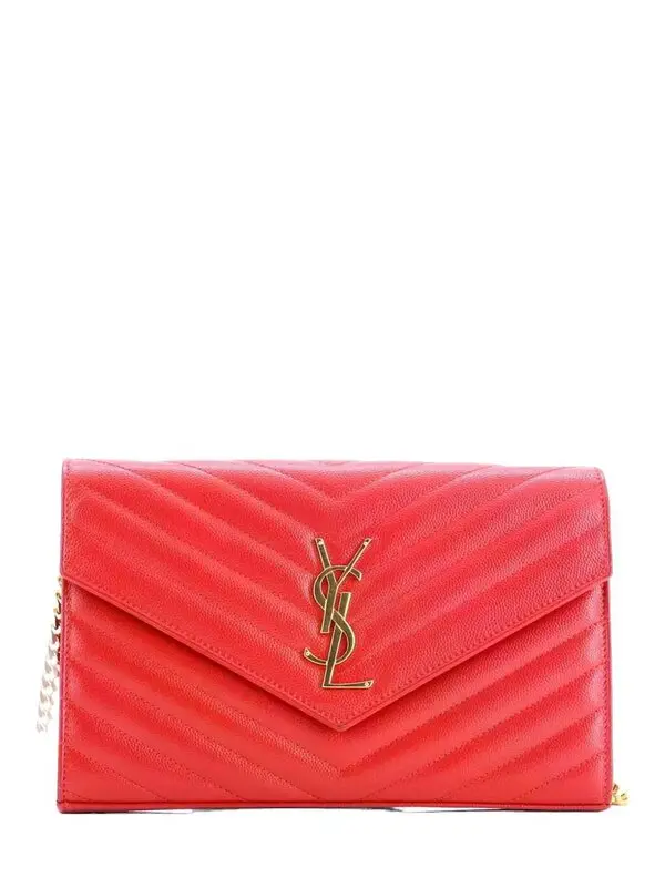 Saint Laurent Matelassé Chevron Leather Monogram Wallet On Chain - Red