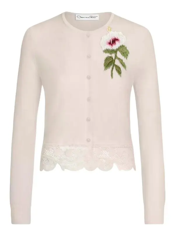 Oscar De La Renta Chiné Hibiscus Threadwork Cropped Cardigan - Neutrals