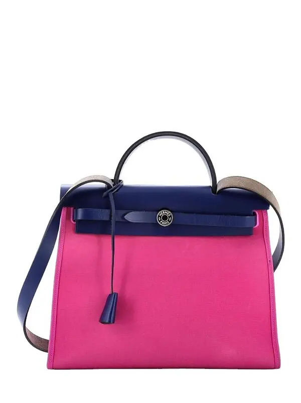 Hermès 31 Herbag Zip Leather And Toile - Pink/ Blue/ Pink