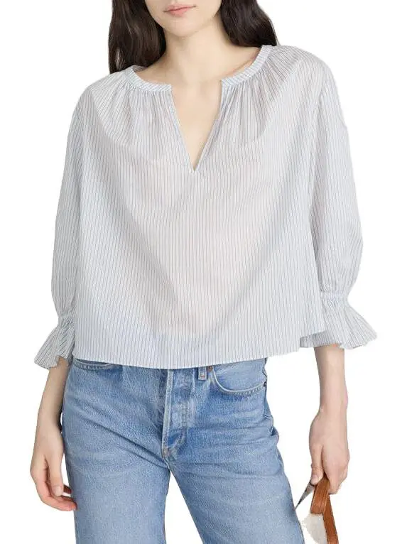 FRAME Poet Stripe Bell Sleeve Cotton Top - Ocean Blue Multi