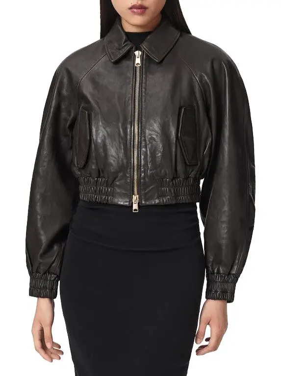 ALLSAINTS Anouk Leather Crop Bomber Jacket - Bitter Brown