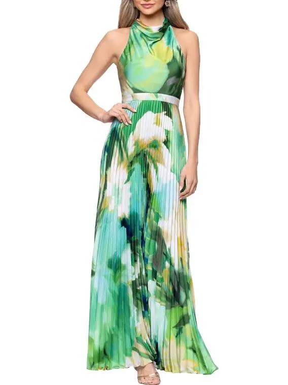 Betsy & Adam Floral Print Pleated Halter Maxi Dress - Green/multi