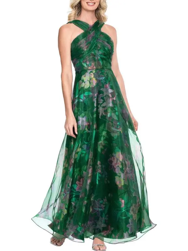 Betsy & Adam Floral Print Organza Sleeveless Gown - Green/multi