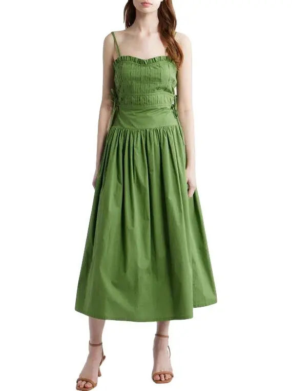 Moon River Pleated Sweetheart Neckline A-line Midi Dress - Moss Green