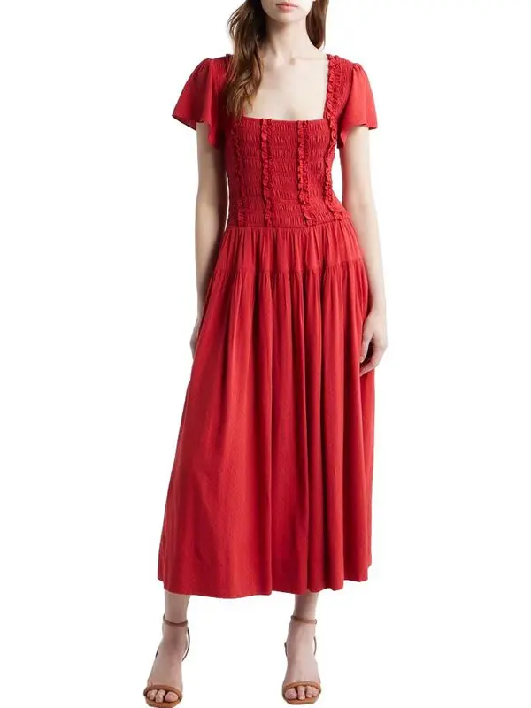 Moon River Square Neck Smocked Maxi Dress - Red