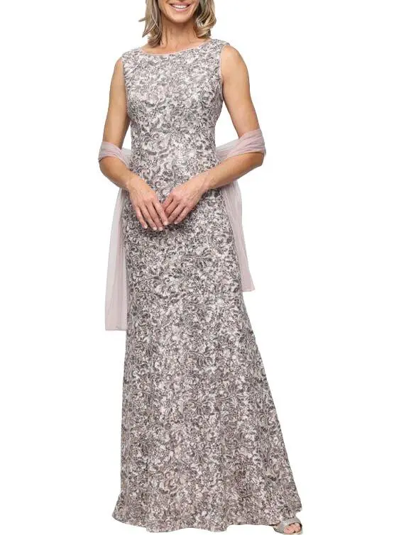 Alex Evenings Beaded Gown With Shawl - Mink