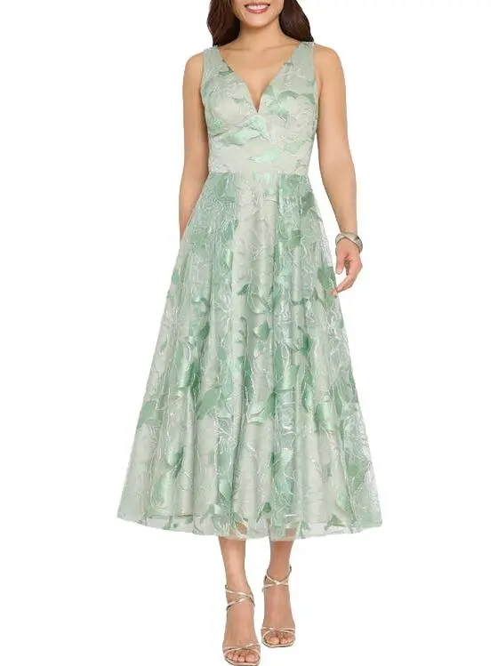 TAHARI ASL Metallic Embroidered V-neck Midi Dress - Willow/ Silver