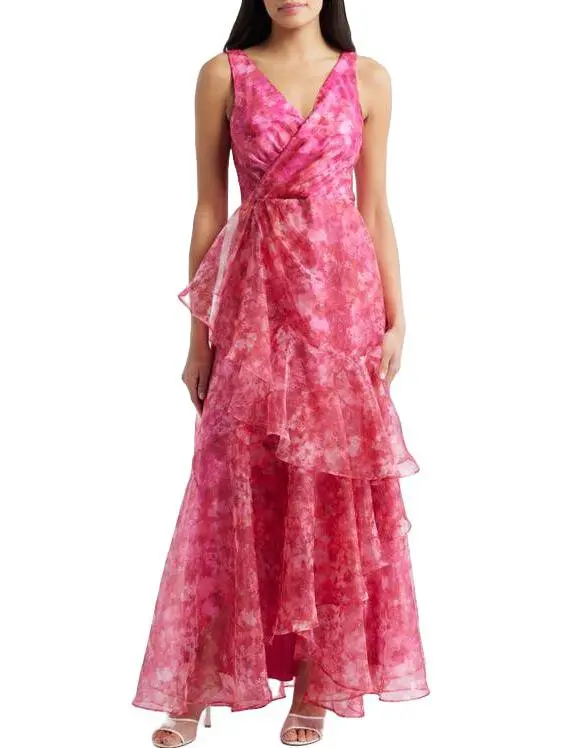Eliza J Sleeveless Floral Ruffle Evening Gown - Fuchsia