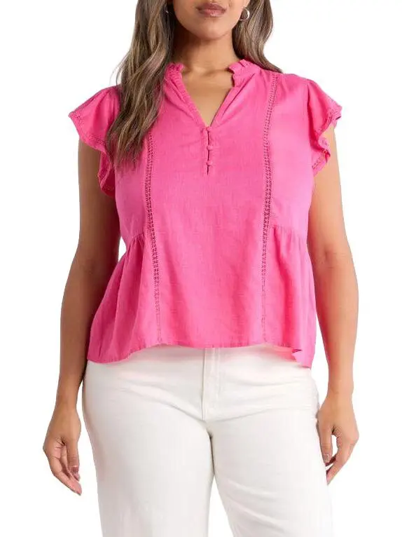 Caslon Lace Ruffle Linen Blend Top - Pink Shock