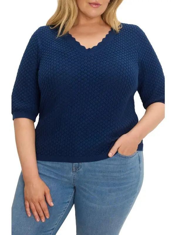 NIC+ZOE Scallop Texture Short Sleeve Sweater - Rich Indigo