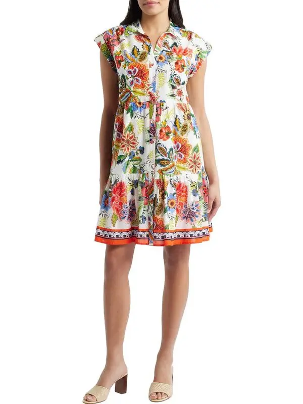 Eliza J Floral Cotton Shirt Dress - Ivory Mult