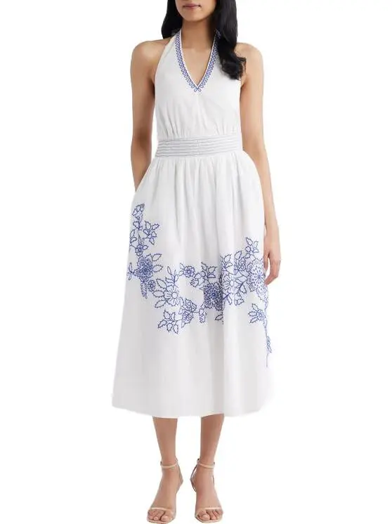Eliza J Halterneck Embroidered Cotton Midi Dress - Ivory Blue