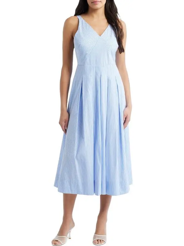 Eliza J Sleeveless V-neck Midi Dress With Pockets - Blue White