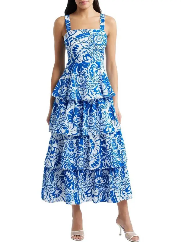 Eliza J Floral Tiered Maxi Dress - Blu Ivory