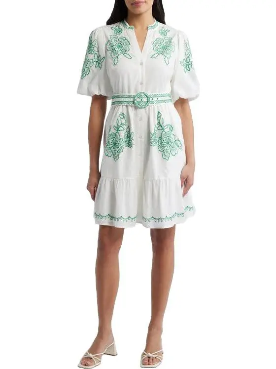 Eliza J Embroidered Cotton Shirtdress - White/ivy Green