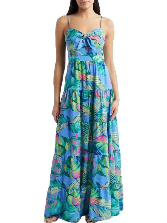 Eliza J Tropical Print Sweetheart Neck Tie Front Tiered Maxi Dress - Blue Multi