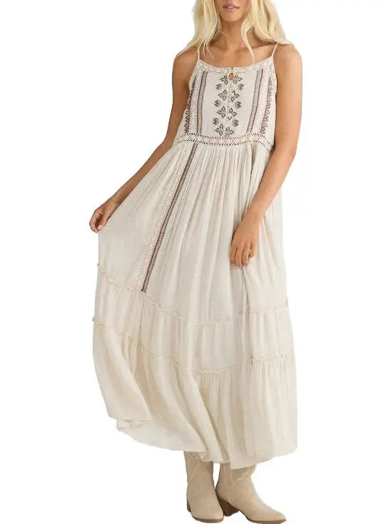 TALISMAN THE LABEL Embroidered Sleeveless Tiered Maxi Dress - Light Natural