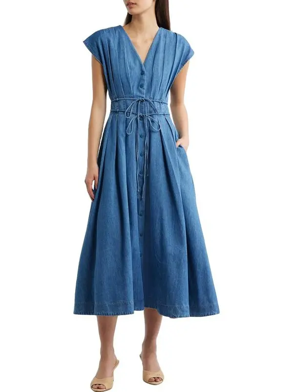FREEMARKET Pleated Denim Midi Shirt Dress - Indigo