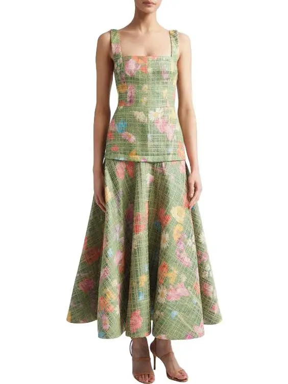 Lela Rose Floral Raffia Square Neck Midi Dress - Cactus