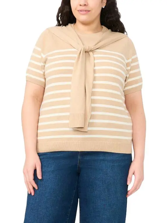 Halogen Striped Short Sleeve Sweater With Shoulder Wrap - Malted Taupe