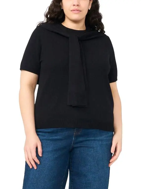 Halogen Striped Short Sleeve Sweater With Shoulder Wrap - Rich Black