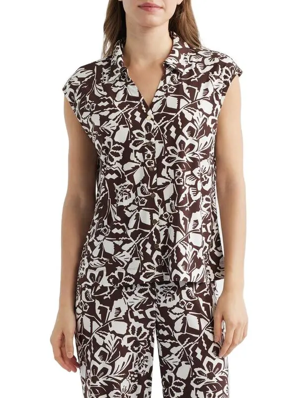Anne Klein Floral Print Cap Sleeve Shirt - Dark Chocolate/white Dove